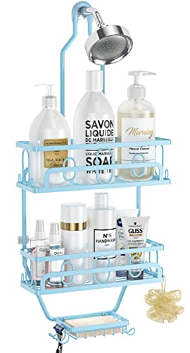 HYSEYY Shower Caddy Over Shower Head - Hanging Shower Caddy Over Shower Head for Bathroom, No Drilling Rustproof Stainless Steel Hanging Shower Organizer with Soap Holder, 10 Hooks, Blue