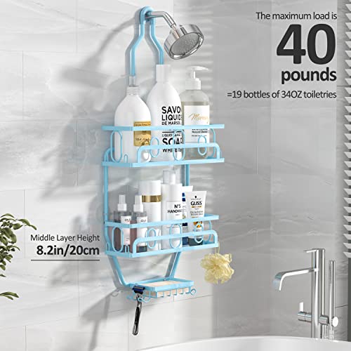 HYSEYY Shower Caddy Over Shower Head - Hanging Shower Caddy Over Shower Head for Bathroom, No Drilling Rustproof Stainless Steel Hanging Shower Organizer with Soap Holder, 10 Hooks, Blue