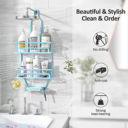 HYSEYY Shower Caddy Over Shower Head - Hanging Shower Caddy Over Shower Head for Bathroom, No Drilling Rustproof Stainless Steel Hanging Shower Organizer with Soap Holder, 10 Hooks, Blue