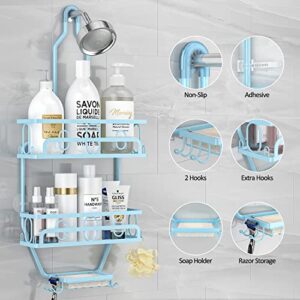 HYSEYY Shower Caddy Over Shower Head - Hanging Shower Caddy Over Shower Head for Bathroom, No Drilling Rustproof Stainless Steel Hanging Shower Organizer with Soap Holder, 10 Hooks, Blue