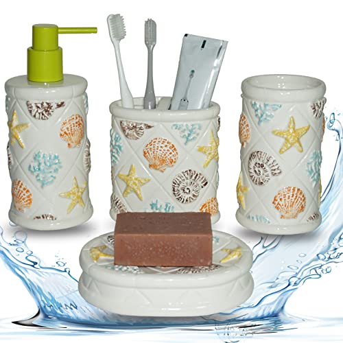 CAAS Ceramic Bathroom Accessories Set : Ocean Bathroom Soap Dispenser Set, Lotion Soap Dispenser,Toothbrush Holder, Tumbler Cup, Soap Dish-Kitchen and Bathroom Home Decor - (Ocean)