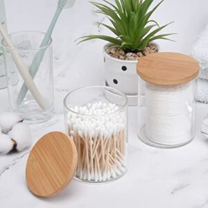 BKYFPQ 2 Pack Glass Qtip Holder Dispenser Bathroom Jars with Bamboo Lids, Cotton Ball Pad Round Swab Holder for Bathroom Accessories Storage Organizer,Farmhouse Bathroom Decor, Boho Bathroom Decor.