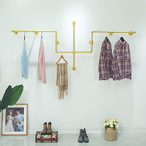 CIVANA Industrial Pipe Clothing Rack, Wall Mounted Garment Hanging Bar, Iron Commercial Clothes Hanger, Cloth Display Rack for Retail, Boutiques, 86.6in, Gold