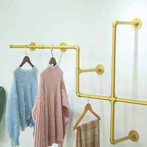 CIVANA Industrial Pipe Clothing Rack, Wall Mounted Garment Hanging Bar, Iron Commercial Clothes Hanger, Cloth Display Rack for Retail, Boutiques, 86.6in, Gold