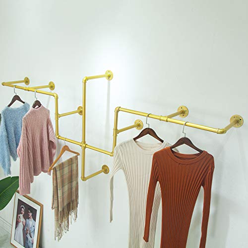 CIVANA Industrial Pipe Clothing Rack, Wall Mounted Garment Hanging Bar, Iron Commercial Clothes Hanger, Cloth Display Rack for Retail, Boutiques, 86.6in, Gold