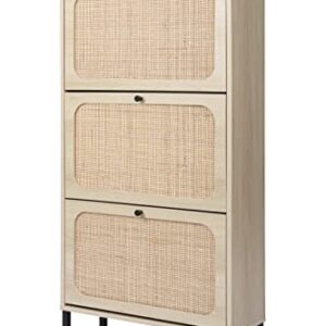 Yoluckea Rattan Shoe Cabinet, Shoe Cabinet Rack with Natural Rattan Weave Doors Design and 3 Flip Down Drawers, Narrow Shoe Cabinet with Metal Legs, Freestanding Wood Shoe Organizer (Light Brown2)