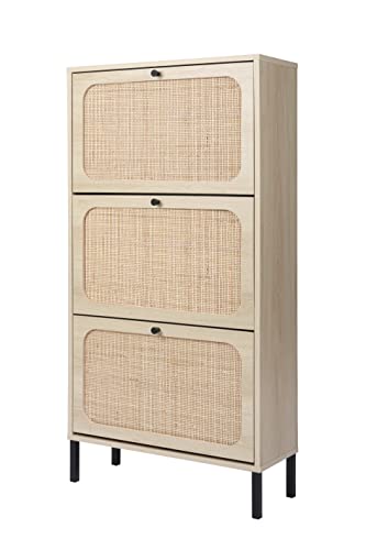 Yoluckea Rattan Shoe Cabinet, Shoe Cabinet Rack with Natural Rattan Weave Doors Design and 3 Flip Down Drawers, Narrow Shoe Cabinet with Metal Legs, Freestanding Wood Shoe Organizer (Light Brown2)