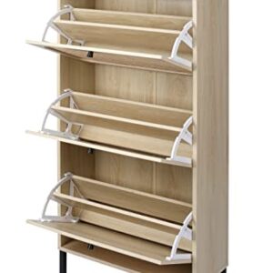 Yoluckea Rattan Shoe Cabinet, Shoe Cabinet Rack with Natural Rattan Weave Doors Design and 3 Flip Down Drawers, Narrow Shoe Cabinet with Metal Legs, Freestanding Wood Shoe Organizer (Light Brown2)