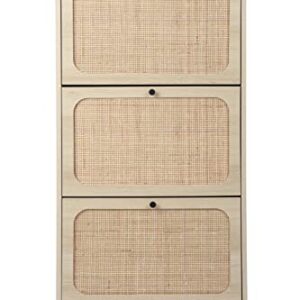 Yoluckea Rattan Shoe Cabinet, Shoe Cabinet Rack with Natural Rattan Weave Doors Design and 3 Flip Down Drawers, Narrow Shoe Cabinet with Metal Legs, Freestanding Wood Shoe Organizer (Light Brown2)