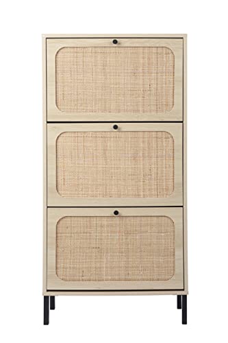 Yoluckea Rattan Shoe Cabinet, Shoe Cabinet Rack with Natural Rattan Weave Doors Design and 3 Flip Down Drawers, Narrow Shoe Cabinet with Metal Legs, Freestanding Wood Shoe Organizer (Light Brown2)