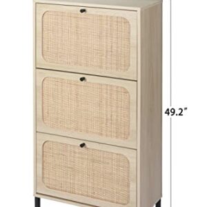 Yoluckea Rattan Shoe Cabinet, Shoe Cabinet Rack with Natural Rattan Weave Doors Design and 3 Flip Down Drawers, Narrow Shoe Cabinet with Metal Legs, Freestanding Wood Shoe Organizer (Light Brown2)