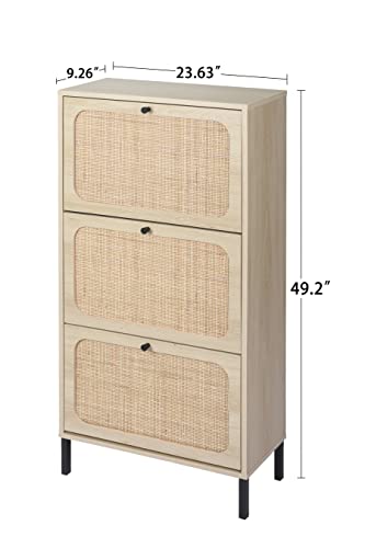 Yoluckea Rattan Shoe Cabinet, Shoe Cabinet Rack with Natural Rattan Weave Doors Design and 3 Flip Down Drawers, Narrow Shoe Cabinet with Metal Legs, Freestanding Wood Shoe Organizer (Light Brown2)