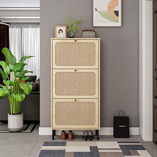 Yoluckea Rattan Shoe Cabinet, Shoe Cabinet Rack with Natural Rattan Weave Doors Design and 3 Flip Down Drawers, Narrow Shoe Cabinet with Metal Legs, Freestanding Wood Shoe Organizer (Light Brown2)