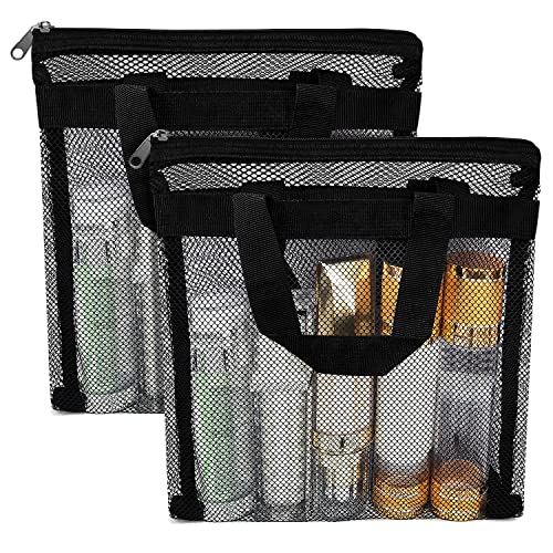 Ayieyill Shower Caddy Portable, Mesh Shower Caddy Tote Bag Quick Dry Hanging Toiletry and Bath Organizer for College Dorm, Gym, Beach, Travel or Camping with Zipper (2Pcs Black)