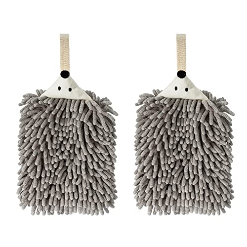 2 Packs Chenille Hand Towels, Cute Hedgehog Style Hand Drying Towels, Water Absorption, Bathroom Kitchen Home Cleaning Tool with Hanging Loop