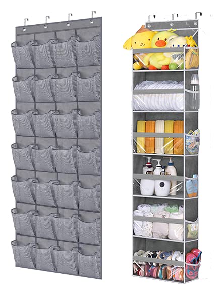 MISSLO 6 Shelves Over the Door Hanging Organizer + 28 Large Pockets Hanging Shoe Rack Grey