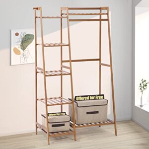 bamboo garment rack with shelves, storage box set included, clothing racks with hooks, clothes rack storage organizer, clothes rack with shelf, space saving clothes rack, multifunctional plant rack