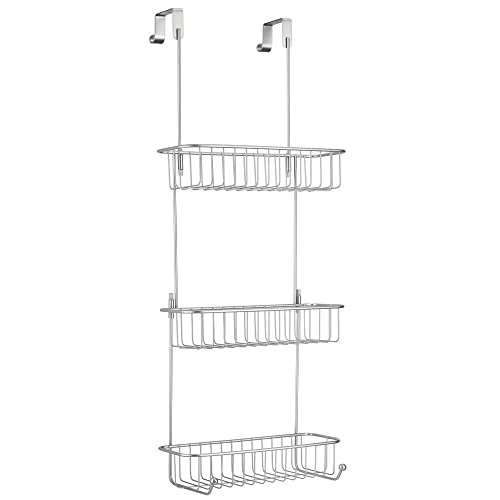 mDesign Metal Over Shower Door Caddy, Hanging Bathroom Storage Organizer Center with Built-In Hooks and Baskets on 3 Levels for Shampoo, Body Wash, Loofahs - Chrome