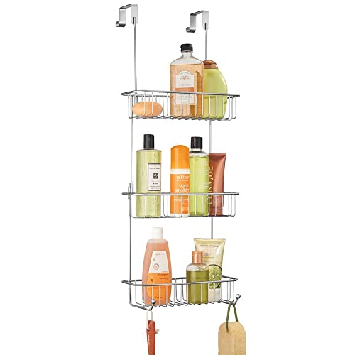 mDesign Metal Over Shower Door Caddy, Hanging Bathroom Storage Organizer Center with Built-In Hooks and Baskets on 3 Levels for Shampoo, Body Wash, Loofahs - Chrome