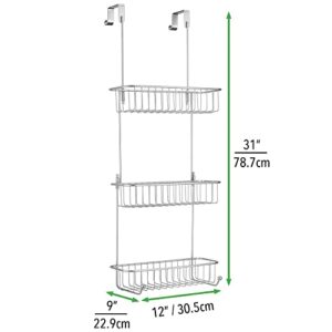 mDesign Metal Over Shower Door Caddy, Hanging Bathroom Storage Organizer Center with Built-In Hooks and Baskets on 3 Levels for Shampoo, Body Wash, Loofahs - Chrome