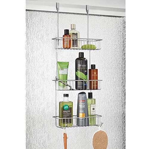 mDesign Metal Over Shower Door Caddy, Hanging Bathroom Storage Organizer Center with Built-In Hooks and Baskets on 3 Levels for Shampoo, Body Wash, Loofahs - Chrome