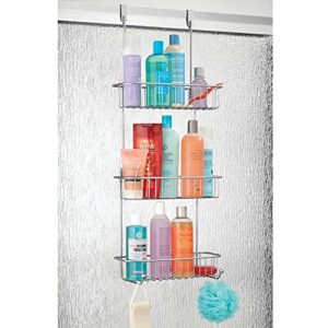 mDesign Metal Over Shower Door Caddy, Hanging Bathroom Storage Organizer Center with Built-In Hooks and Baskets on 3 Levels for Shampoo, Body Wash, Loofahs - Chrome