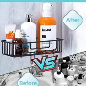 Shower Caddy Bathroom Shelves Organizer - Stainless Steel Shower Shelf Adhesive Kitchen Storage Rack with Soap Dish Razor and Towel Hooks (Black)