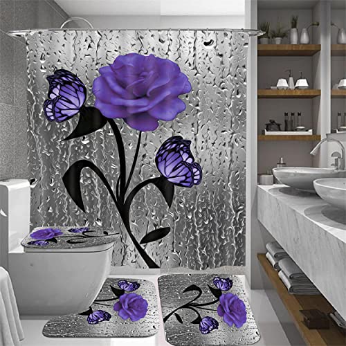 Floral Shower Curtains Butterfly Purple Rose Bathroom Shower Curtain with Non-Slip Rugs and Toilet Lid Cover Durable Bathroom Sets Medium Size