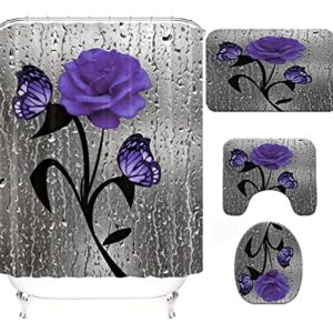 Floral Shower Curtains Butterfly Purple Rose Bathroom Shower Curtain with Non-Slip Rugs and Toilet Lid Cover Durable Bathroom Sets Medium Size