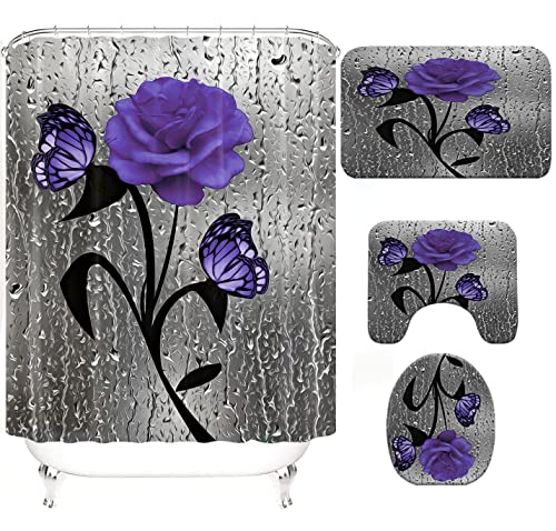 Floral Shower Curtains Butterfly Purple Rose Bathroom Shower Curtain with Non-Slip Rugs and Toilet Lid Cover Durable Bathroom Sets Medium Size