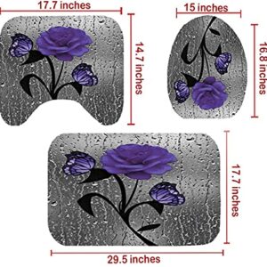 Floral Shower Curtains Butterfly Purple Rose Bathroom Shower Curtain with Non-Slip Rugs and Toilet Lid Cover Durable Bathroom Sets Medium Size