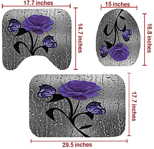 Floral Shower Curtains Butterfly Purple Rose Bathroom Shower Curtain with Non-Slip Rugs and Toilet Lid Cover Durable Bathroom Sets Medium Size