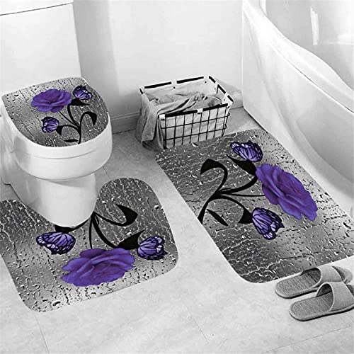 Floral Shower Curtains Butterfly Purple Rose Bathroom Shower Curtain with Non-Slip Rugs and Toilet Lid Cover Durable Bathroom Sets Medium Size