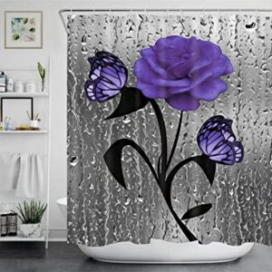 Floral Shower Curtains Butterfly Purple Rose Bathroom Shower Curtain with Non-Slip Rugs and Toilet Lid Cover Durable Bathroom Sets Medium Size