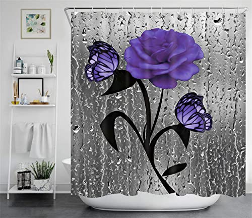 Floral Shower Curtains Butterfly Purple Rose Bathroom Shower Curtain with Non-Slip Rugs and Toilet Lid Cover Durable Bathroom Sets Medium Size