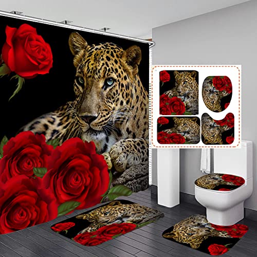 Red Rose Cheetah Shower Curtain Cat Leopard Print Bath Curtain with 12 Hooks Romantic Flowers Bathroom Decor Curtain Set with Non-Slip Rugs, Toilet Lid Cover Bath Mat for Bathtubs (Red Rose Cheetah)