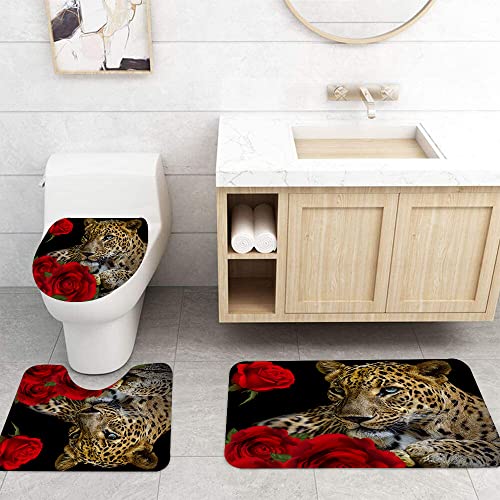 Red Rose Cheetah Shower Curtain Cat Leopard Print Bath Curtain with 12 Hooks Romantic Flowers Bathroom Decor Curtain Set with Non-Slip Rugs, Toilet Lid Cover Bath Mat for Bathtubs (Red Rose Cheetah)