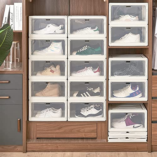 Shoe Storage Boxes,Pack of 6 Stackable Shoe Organizer,Sturdy Foldable sneaker storage and Easy Assemble Shoe Containers Clear Plastic shoe bins with Lid for US Size 13(14.6”x 10.6”x 8.3”)