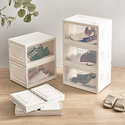 Shoe Storage Boxes,Pack of 6 Stackable Shoe Organizer,Sturdy Foldable sneaker storage and Easy Assemble Shoe Containers Clear Plastic shoe bins with Lid for US Size 13(14.6”x 10.6”x 8.3”)