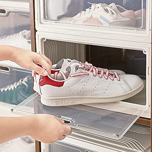 Shoe Storage Boxes,Pack of 6 Stackable Shoe Organizer,Sturdy Foldable sneaker storage and Easy Assemble Shoe Containers Clear Plastic shoe bins with Lid for US Size 13(14.6”x 10.6”x 8.3”)