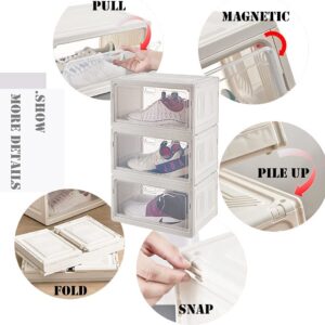 Shoe Storage Boxes,Pack of 6 Stackable Shoe Organizer,Sturdy Foldable sneaker storage and Easy Assemble Shoe Containers Clear Plastic shoe bins with Lid for US Size 13(14.6”x 10.6”x 8.3”)