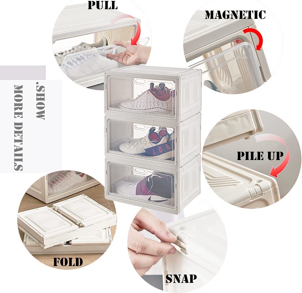 Shoe Storage Boxes,Pack of 6 Stackable Shoe Organizer,Sturdy Foldable sneaker storage and Easy Assemble Shoe Containers Clear Plastic shoe bins with Lid for US Size 13(14.6”x 10.6”x 8.3”)