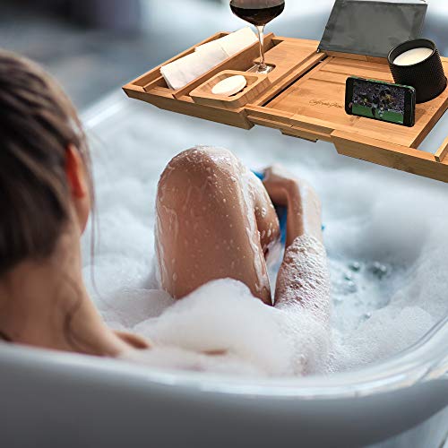 Luxury Bath Caddy Tray for Tub | Bath Table | Premium Bamboo Bathtub Tray for Tub | Fits All Bath Accessories Wine Glass, Books, Tablets, Cellphones, Shampoo, Soap | Bath Shelf Foldable Design