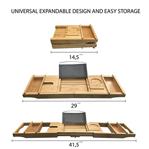 Luxury Bath Caddy Tray for Tub | Bath Table | Premium Bamboo Bathtub Tray for Tub | Fits All Bath Accessories Wine Glass, Books, Tablets, Cellphones, Shampoo, Soap | Bath Shelf Foldable Design