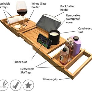 Luxury Bath Caddy Tray for Tub | Bath Table | Premium Bamboo Bathtub Tray for Tub | Fits All Bath Accessories Wine Glass, Books, Tablets, Cellphones, Shampoo, Soap | Bath Shelf Foldable Design