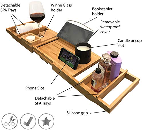 Luxury Bath Caddy Tray for Tub | Bath Table | Premium Bamboo Bathtub Tray for Tub | Fits All Bath Accessories Wine Glass, Books, Tablets, Cellphones, Shampoo, Soap | Bath Shelf Foldable Design