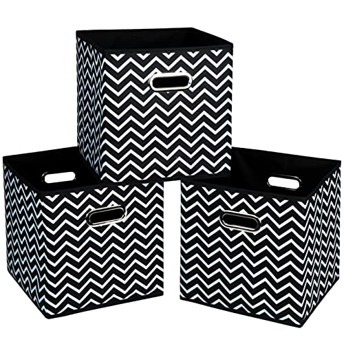 STOREONE Fabric Storage Bins Cubes Baskets Containers-(11X11X11) with Dual Metal Handles for Shelf Closet, Bedroom Drawers Organizers, Foldable Set of 3 (Black Wave)