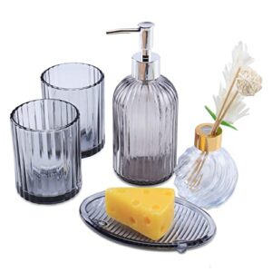 tocten 5 pieces bathroom accessories set, include lotion soap dispenser+ 2 toothbrush cup+ soap dish+ essential oils diffuser bottles, premium glass bathroom vanity countertop accessory set(grey 16oz)