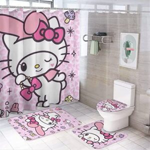 fmsnupz 4pcs anime shower curtain set, cute bathroom decor with non-slip rugs, toilet lid cover and bath mat, waterproof fabric shower curtains with 12 hooks, 70.8"x70.8"