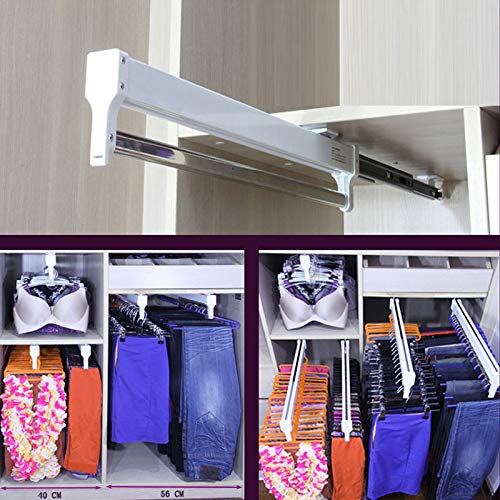 Top Mount Pull Out Wardrobe Closet Cloth Jacket Rod Hanger Retractable Hanging Rack Bar Ball Bearing Rail Slide Pull-Out Heavy Duty White (35CM 14")